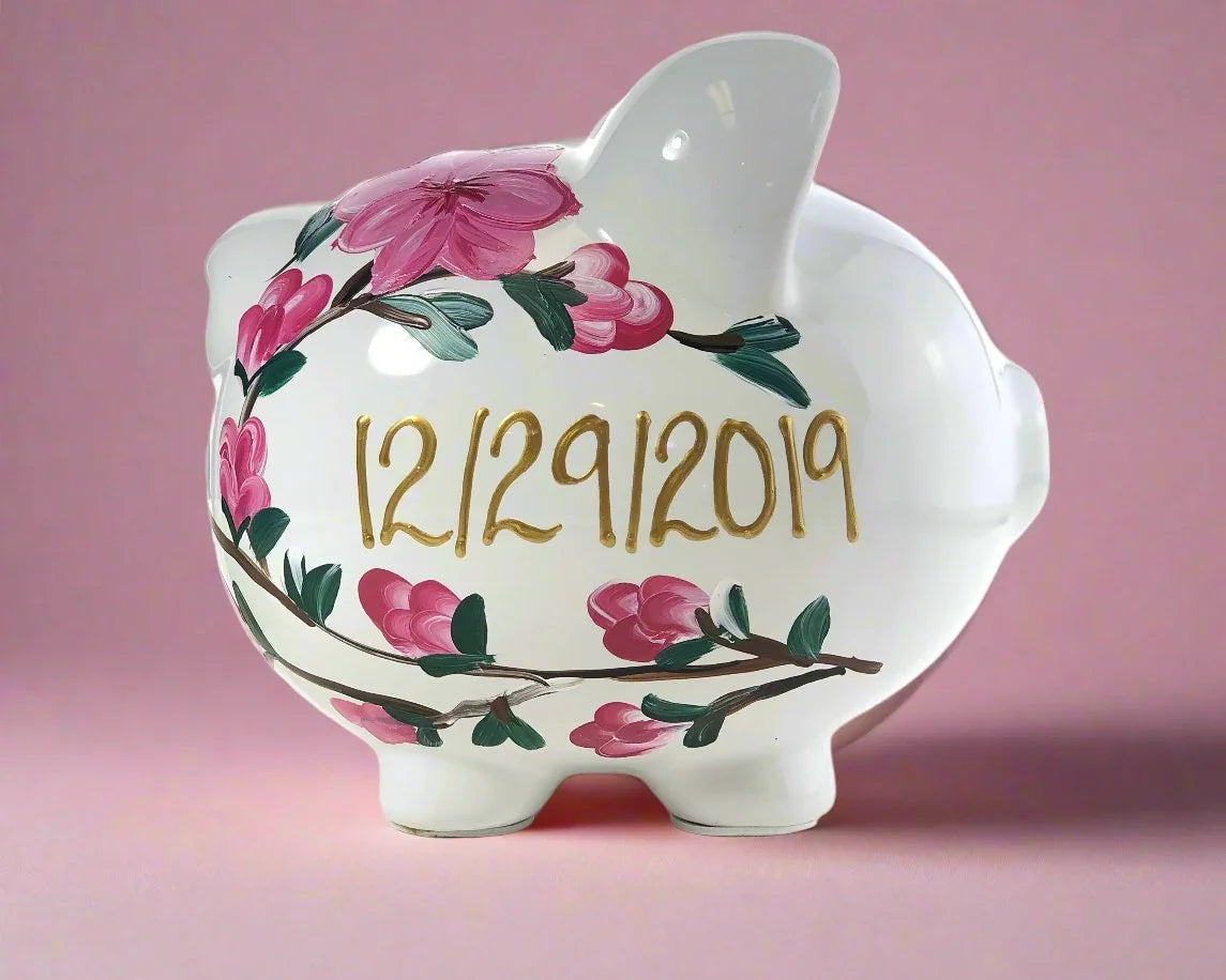 Personalized Pink Flower Piggy Bank, Large – Brushes with a View